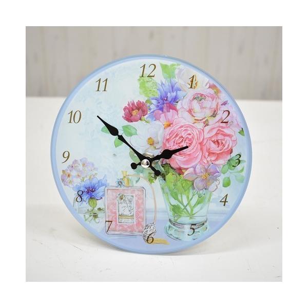 ローズのイラストが素敵な時計です。置き型と壁掛け型、どちらでもご利用いただけます。これがあるだけで、お部屋がおしゃれな雰囲気になりますね。サイズ：直径17cm素材：ガラス単3電池1本使用（別売）