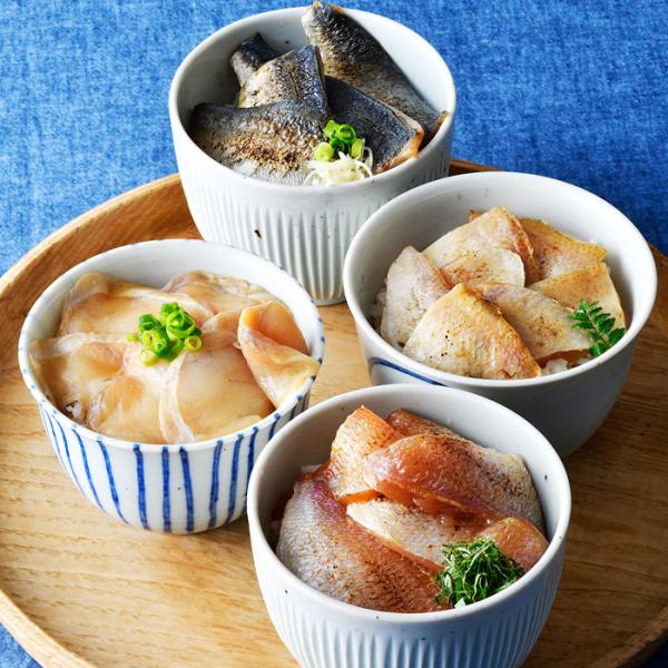 山陰で漁獲された地魚の中から目利きが厳選。皮目をさっと炙って仕立てた、のどぐろ・あじ・レンコ鯛・ふぐの炙り漬けは、脂の甘みが際立つ。奥出雲「森田醤油」の木桶熟成丸大豆醤油に漬け込まれ、風味もよし。ご飯にのせて贅沢丼をどうぞ。