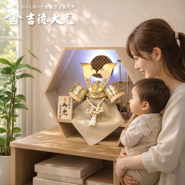 【江戸時代で最古の人形の老舗：創業正徳元年 吉徳大光】おしゃれな六角形の飾り台に飾られた上杉謙信の兜飾り。モダンで洋室にも合うデザイン。バックには透かし彫りの装飾があり、LED間接照明が点灯します。奥行きが16cmなので、ちょっとした棚の上...