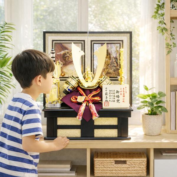 五月人形が、ネット限定 ホンポご奉仕価格！金沢金箔を使った豪華な兜で、１つ１つ丁寧に造られた木彫りの龍頭にも金沢箔が使用されています。剥ぎ合わせ鉢兜、本めのう、正絹縅使用など細部にわたって職人の手によって造られています。屏風は子供の日のお祝...