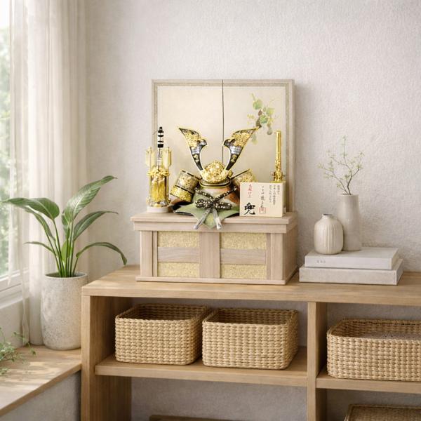 【五月人形　ネット限定 ホンポご奉仕価格】鎧甲冑師 龍玉（節句人形工芸士）の五月人形 兜 コンパクト 収納飾りです。大きな鍬形の前立てが印象的です。その前立てには、装飾金具が取り付けられ、高級感があります。また、屏風に高さがありますので、存...