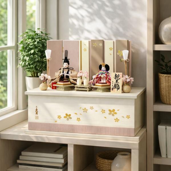 久月の雛人形がネット限定、ご奉仕価格！！「東京浅草橋 人形の久月」ひな人形 親王　コンパクト収納飾りです。4HR-S30白を基調とした台・屏風には金色の桜がちりばめられています。可愛らしいサイズのお姫様・お殿様ですが、丁寧に仕立てられた刺繍...