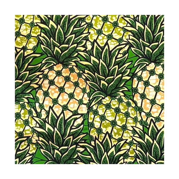 商品名：アフリカンプリント 布 生地 50cm単位 AP-13618  グリーンパイナップル 緑色地　アフリカ 布 ブロード カットクロス ハンドメイド パッチワーク エコバッグ 手芸材料 ダンス 舞台 衣装 通園通学にカテゴリ：アフリカン...