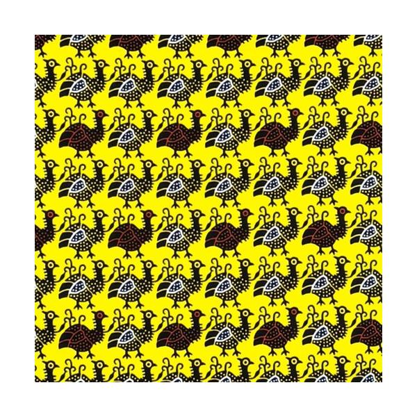 商品名：アフリカンプリント 布 生地 50cm単位 AP-13899　ミニほろほろ鳥の群れ ４cm 黒ｘ赤茶 黒ｘ白 黄色地　アフリカ 布 ブロード カットクロス ハンドメイド パッチワーク エコバッグ 手芸材料 ダンス 舞台 衣装 通園通...
