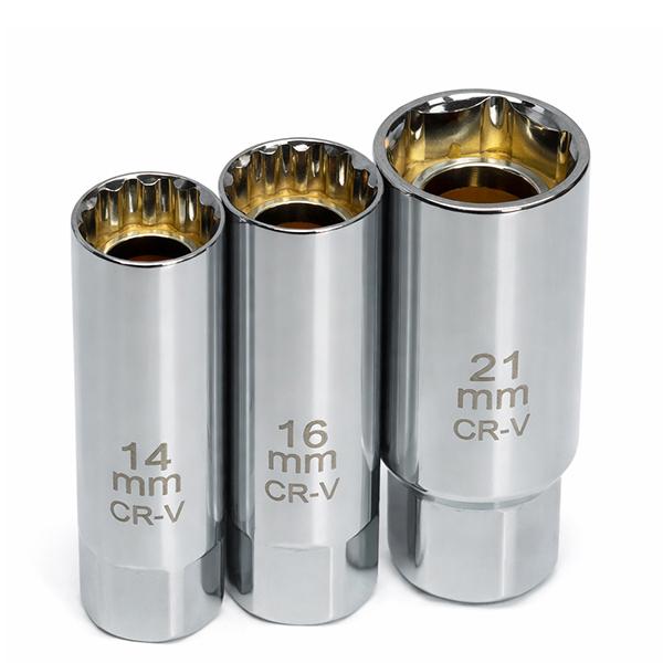 14mm(12PT)、16mm(6PT)、21mm(6PT)のスパークプラグソケット3点セットです。■商品仕様・サイズ：14mm、16mm、21mm・全　長：64mm・差込角：3/8"・外　径：18mm、20mm、28mm・マグネット式