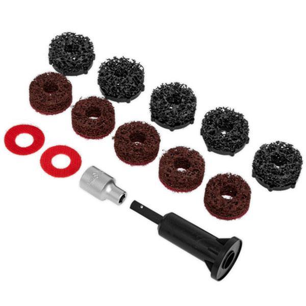 製品特徴：・スタッドで取り付けられたハブの表面の汚れや腐食を取り除きます。・ホイール、ハブ、ブレーキディスクまたはドラムを再組み立てするための理想的な準備ができます。・掃除用ディスクはホイールスタッドに合わせて装着します。・電動ドリルやエア...