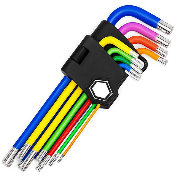 主な特徴:・CR-V（クロムバナジウム）材質で作られた耐久性の高いツール・52から55度の硬度レベルを持つトルクスキー・カラフルなレインボーカラーデザインで、識別と視認性を向上・9ピースのセットで、さまざまなサイズのトルクスキーが含まれてい...