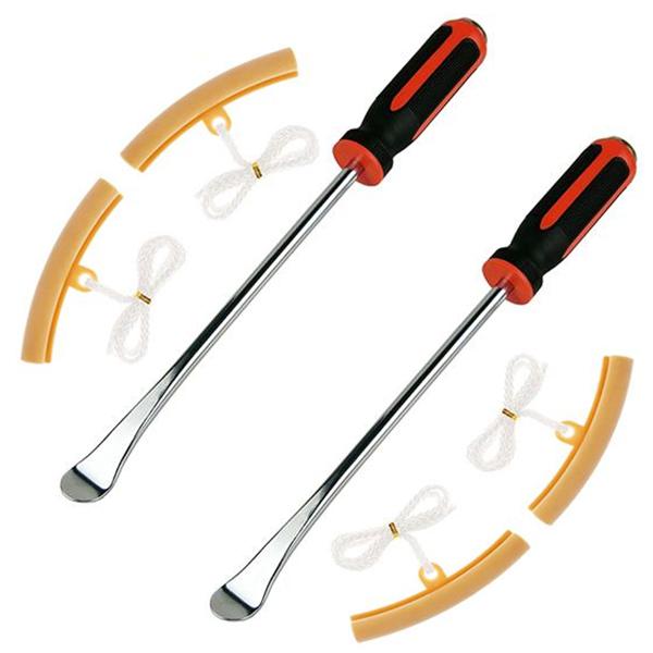 このセットには、業務用の高品質なロングタイヤレバー3本とリムプロテクター4本が含まれています。タイヤレバーのグリップは極太仕様で、35mmの太さがあり、握りやすく快適な作業が可能です。シャフトはクロムバナジウム鋼製で、貫通式なので、叩いて作...