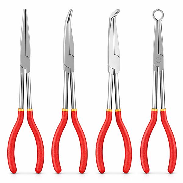 4種類のロングリーチプライヤーセットこのロングリーチプライヤーセットは、多様な用途に対応するための4種類のプライヤーが含まれており、さまざまな作業シーンで活躍します。以下に各プライヤーの詳細を説明します。1. ストレートニードルノーズプライ...