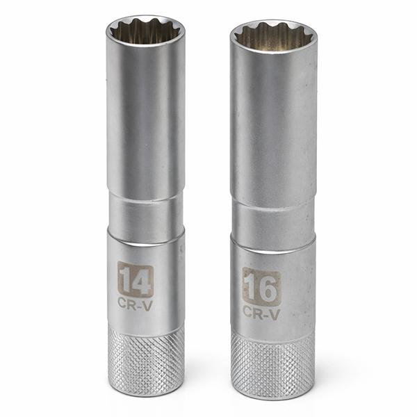 12PT・14mm＆16mmのスパークプラグソケット2点セットです。ニッサン車や欧州車に多く使用されている14mmサイズで、6角と12角形状のスパークプラグに対応しております。薄肉タイプですので、クリアランスの狭い車両にも対応しています。■...