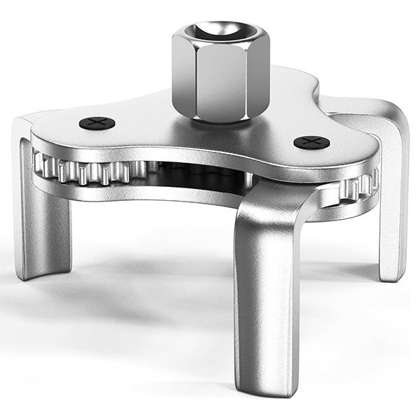 3本爪タイプのアジャスタブルオイルフィルターレンチです。直径54mm〜116mmの回転式オイルフィルターに対応し、自動車、トラック、トラクターなど幅広い車両に使用可能です。差込角変換アダプターが付属しているため、3/8"または1/2"のラチ...