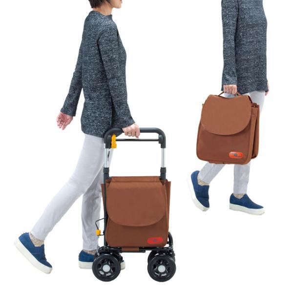 体が支えられて安定する杖のような便利なカート。杖みたいに身体を支えてラクチン！シルバーカーに見えない若々しさ！片手ハンドルなのに安定した姿勢でスイスイ進むことができます。ちょっとした小物を収納できる背面バッグもついてとても便利です。横押しだ...