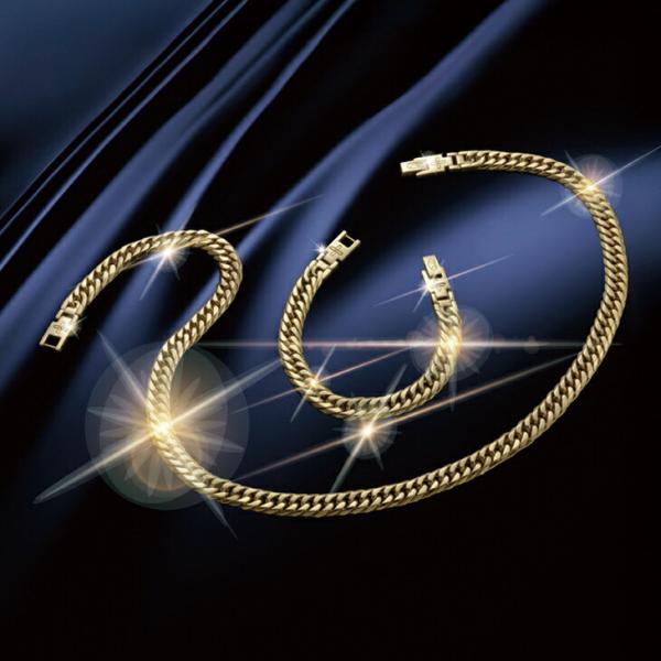 存在感のある重厚なアクセサリーでお洒落！強力永久磁石＋チタンでスッキリ。イタリアのブランド「ペレバレンチノ」豪華6面カットW喜平安心の日本製「純金IP加工」※で純金本来の輝きを放つ!!大迫力の極太チェーン留金部分の表には天然ダイヤ2石使用裏...