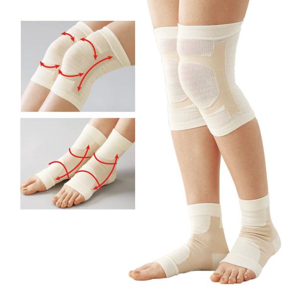テーピング機能でひざや足首をしっかりサポート！男女兼用タイプ！毎日をアクティブに！編み方を替えた部分が強く引き締め、関節をテーピングをしたようなサポート感を実現。薄手で快適な着け心地。ズレにくくぴったりフィット。一年中快適にあなたの関節を支...