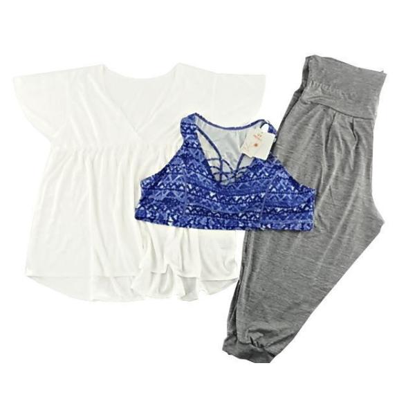 シックなデザインがおしゃれ☆【citta room】水陸両用ブラ・Tシャツ＆ボトムの3点セット (10L)。ウエスト丈長めのボトムは、折り返して長さ調節がアレンジできます。ウエストはヒモで調節可能なのでマタニティヨガにもおすすめ♪※セット内...
