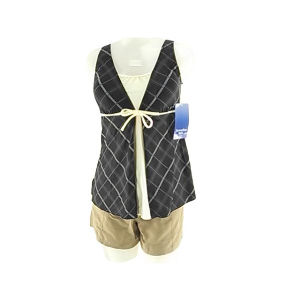 2ピース風のタンキニ３点セット♪全て入水可能です。短パンは、ウエスト紐調節可能です色：ブラック品質：水着/ポリエステル　ポリウレタンセットパンツ/ポリエステル100%　パット：カップ側なし＋肌側取り外しパッドあり(取り外し可)サイズ：S着丈...