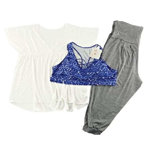 シックなデザインがおしゃれ☆【citta room】水陸両用ブラ・Tシャツ＆ボトムの3点セット (5L)。ウエスト丈長めのボトムは、折り返して長さ調節がアレンジできます。ウエストはヒモで調節可能なのでマタニティヨガにもおすすめ♪※セット内容...