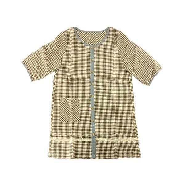 便利なポケット付き、軽快で気持ち良い着心地のスモックワンピ。 割烹着的なスモックは毎日の家事を簡単に清潔に。 お母さんへのプレゼントにもおすすめ◎ ※手洗い 色：ブラウンチェック 品質：綿100% サイズ：Mサイズ　バスト/79-87cm　...