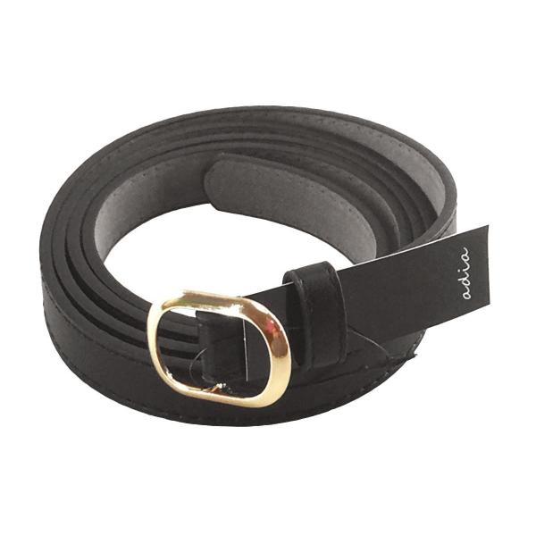 adiaゴールドバックルレディース細ベルトです。牛革仕様で使いやすくフォーマルにもカジュアルにも使えるマストアイテムです。色：ブラック品質：牛革サイズ：フリーサイズ2.8x132cm（メーカーパッケージを入れ替えた商品）のためアウトレット品です。