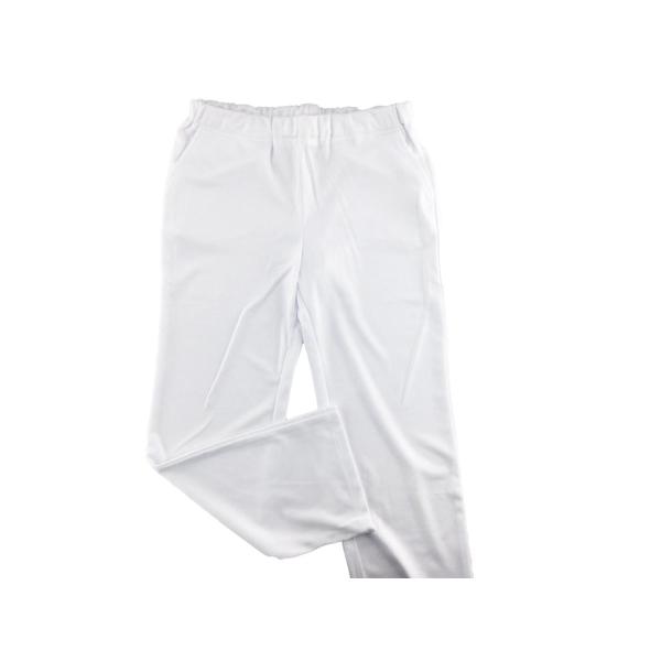 やわらかくストレッチの効いたストレートパンツ(男女兼用)です。厚手で透けにくく、汗をしっかり吸収してくれます。ウエスト仕様/総ゴム、ひもポケット位置/両脇裾始末/仕上げ済色：ホワイト品質：ポリエステル100%(マシュマロストレッチ)サイズ：...