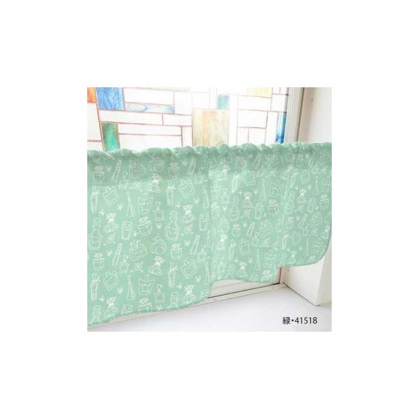 様々な種類の香水瓶がデザインされたおしゃれなカフェカーテンです。