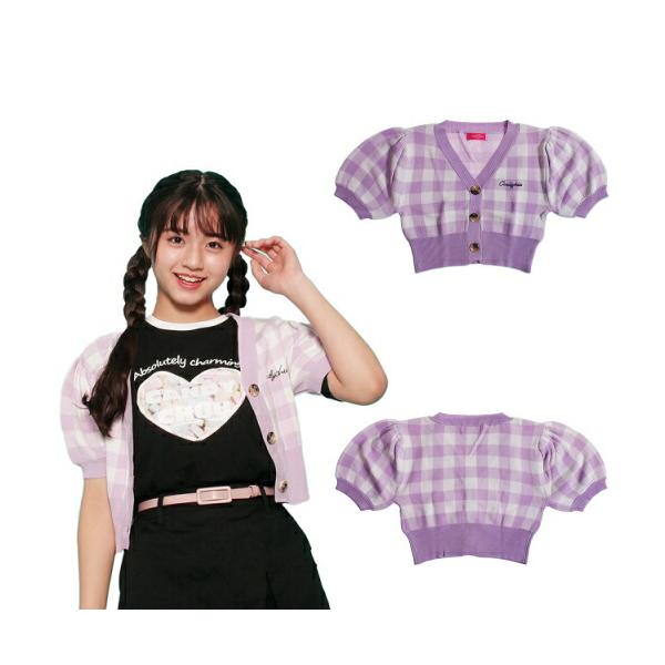 大人っぽガーリーな”ニットカーディガントレンドのショート丈＆ギンガムチェックが目をひくトップス。胸にはcandychuuのロゴ刺繍が可愛く入っています！どんなボトムスともバランスよくコーデできます。モデル　156cm着用サイズ:150〈原産...