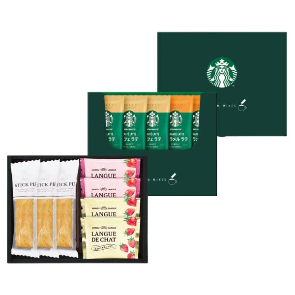 スターバックスコーヒーギフトと、お菓子のセットでワンランクアップのひとときを。スターバックスの香り高いコーヒーを手軽に楽しめるドリップタイプのセット。焼き菓子とともにあの方へ。セット内容：カフェラテ（18g）・スティックパイ（プレーン）×各...