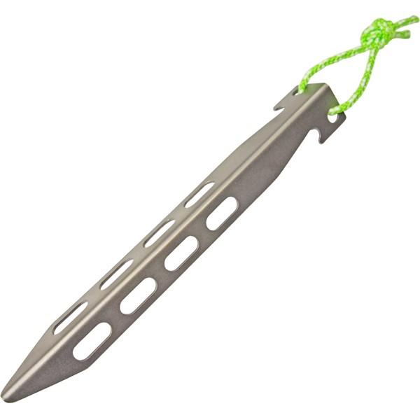 本体材質：チタンサイズ：16.2x2cm　重量：15g　生産国：中国強度を保ちつつ軽量なチタン合金製のペグです。光沢を抑えたマットな表面加工で仕上げました。ペグのヘッドには、蓄光ロープ3mmのループが付属することにより、視認性を向上させています。