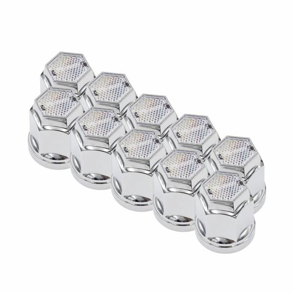 ●ナットへの固定にバネ式を採用しました。●新ISO規格大型車(10穴)用。●反射板付で足元に輝きを与えます。●フロント・リア兼用。●サイズ：33mm●色：クリア●規格：フロント・リア●仕様：10ヶ入●高さ：50mm●材質：プラスチック(メッ...