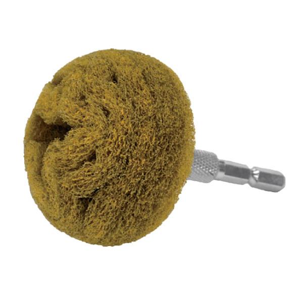 ●たいこ型のサンダーバフです。●先端部を凹んだ形にする事で、凹凸へのなじみに効果を発揮。●6.35六角軸で電動ドリル、インパクトドライバーに使えます。●不織布に砥粒を含浸させたもので柔らかい研磨が可能。木材・金属の磨きや仕上げに。●粒度：#...