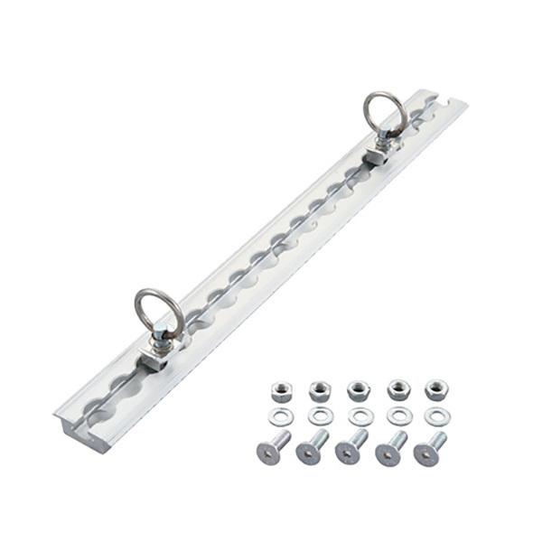 ●荷台の床面やアオリに取付けてフックを増設できます。●フックの位置調整、17箇所。●サイズ：巾49.2×長さ460mm●材質：レール/アルミ、Oリング/ステンレス●付属品：止めネジ5ヶ、Oリング2ヶ●セット自重：0.67kg