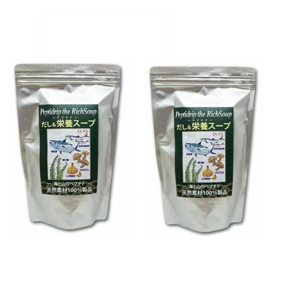 「だし＆栄養スープ」は100%天然素材で作られたペプチド栄養スープです。保存料無添加、うれしい食塩不使用の和風だしとなっております。カップ一杯のお湯に大匙山盛り一杯(約10g)を溶かしお好みで天然塩を加えれば、おいしい栄養スープの完成です♪...