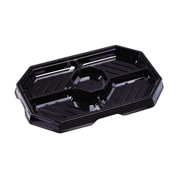 オードブル38-25 本体 黒 ◇高級な演出をするハカマ形状です。◇重厚感のあるオードブル容器です。●レンジ不可●素材：HIPS●耐熱温度９０℃●サイズ：３７８×２４９×３８mm●入数：１０枚