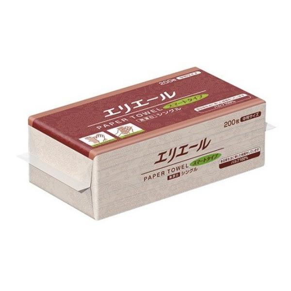 エリエール ペーパータオルスマートタイプ 無漂白シングル 200枚（中判） ◇食材にも安心して使用できます。◇水分の拡散性が高く、様々な用途にお使いいただけます。◇無料白パルプ使用。【大王製紙株式会社】●材質：パルプ１００％●個装サイズ：７...