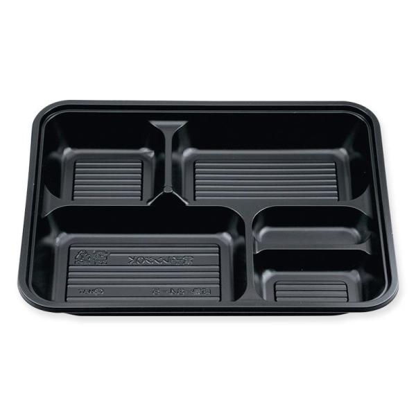 BS弁当84-5 黒 本体透明蓋は別売りです。◇定番のお弁当に使いやすい、オーソドックスな弁当容器！◇仕切りの数5つです。●本体：レンジ対応●素材：BS●耐熱温度：100℃　　　　　　●サイズ：264×204×38mm ●入数：50枚