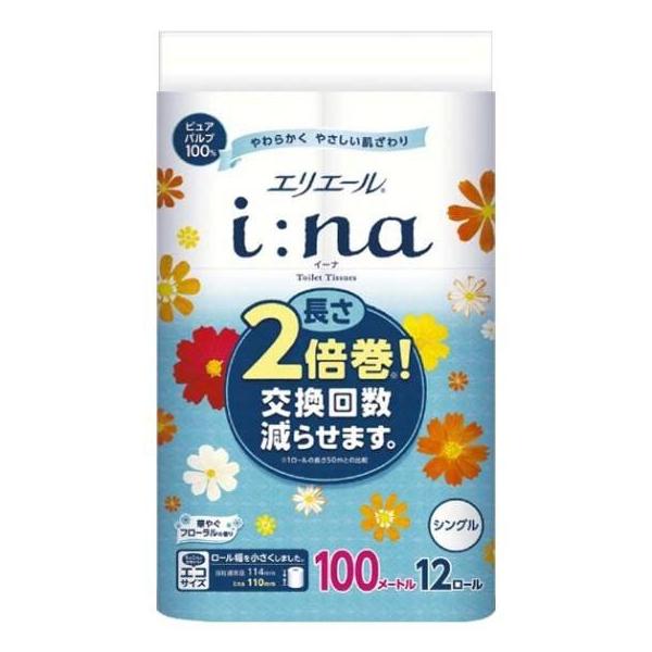 エリエール i:na（イーナ）◇交換の手間を軽減する100m巻のシングルタイプです。●個装サイズ：３３１×２２５×２２５mm●仕様：１００m●材質：パルプ１００％●入数：6パック（１２ロール）