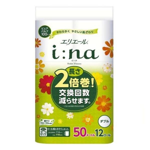 エリエール i:na（イーナ）◇交換の手間を軽減する50m巻のダブルタイプです。●個装サイズ：３３１×２２５×２２５mm●仕様：２枚重ね・５０m●材質：パルプ１００％●入数：6パック（１２ロール）