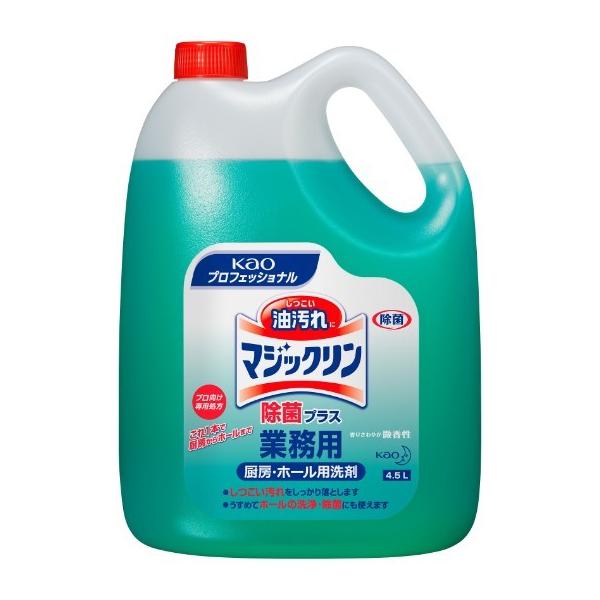 花王 マジックリン 除菌プラス◇除菌成分配合で洗浄と除菌が同時にできる。◇香りさわやか、使った後もニオイ残りが気にならない微香性。【花王 株式会社】●形状：4.5Lボトル●サイズ：289×210×１46mm●液性：アルカリ性●成分：界面活性...