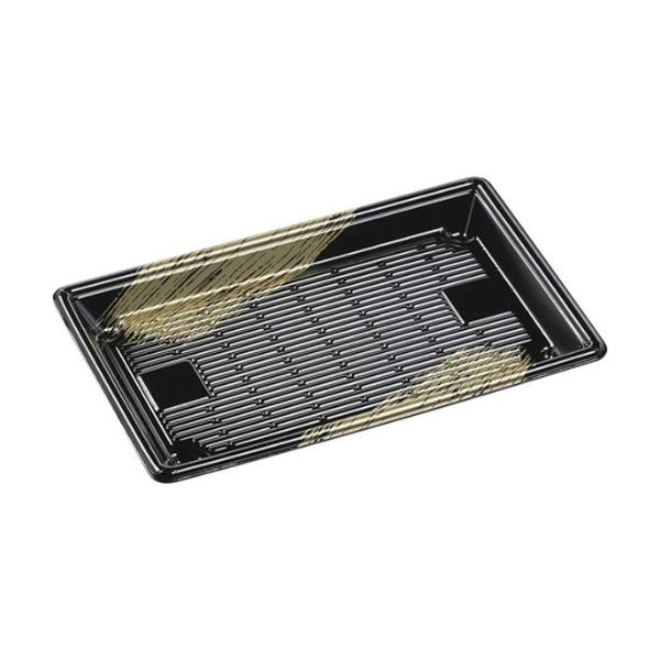もり -115 本体 黒ふで金  ◇定番のにぎり寿司の容器です。◇にぎり10貫●本体：レンジ不可●素材：PSP●耐熱温度：80℃　　　　　●サイズ：214×135×21mm●入数：50枚
