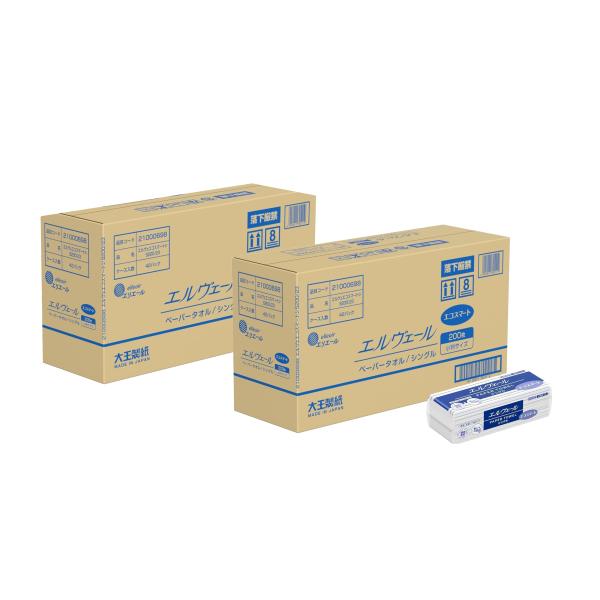 エルヴェール ペーパータオルエコスマート シングル　小判◇古紙を使用した環境にやさしいペーパータオルです。◇経済的なエコノミーサイズ。【大王製紙株式会社】●材質：古紙●個装サイズ：64×210×85mm●サイズ：170×210mm●入数：8...
