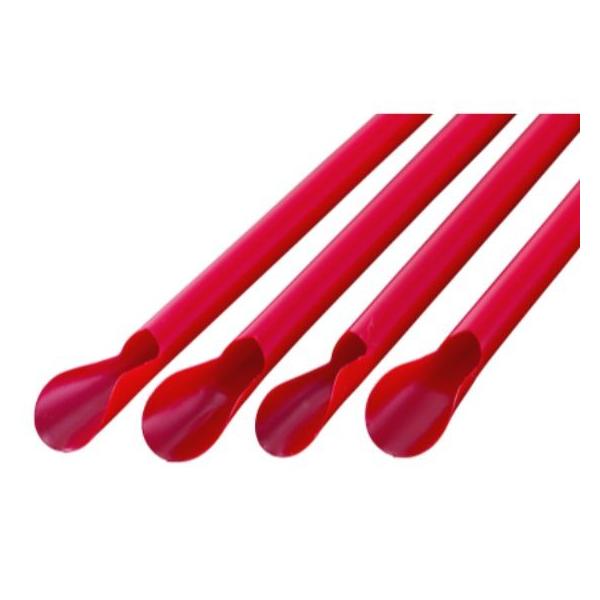 スプーンストロー 赤◇かき氷用（スプーンタイプ）のストレートストロー（袋なし）です。 ◇ストローの先が丸くスプーン状になっています。◇かき氷やクリームソーダなどに！●サイズ：φ6mm×21cm●入数：10000本（500本×20箱）