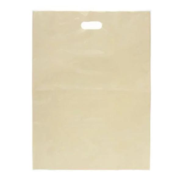 ニューアームバッグ LDクリーム M ◇持ち手の付いたポリエチレンの袋です。◇アパレルでの衣料品やイベントでのカタログやパンフレット、サンプル等の持ち運びに！●材質：LDPE●色：クリーム●形状：小判抜●サイズ（mm）：0.08×450×6...