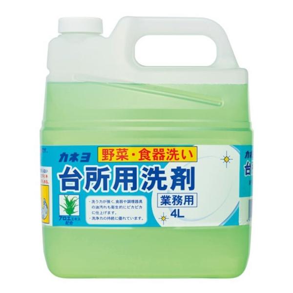 台所用洗剤 カネヨ石鹸 ◇業務用台所用洗剤。泡立ちがよく、ベトベトした油汚れもすっきり落とします。◇さわやかなライムの香り。つめかえやすいコック付き。アロエエキス配合。●形状：4Lボトル●液性：中性●成分：界面活性剤(13%、直鎖アルキルベ...