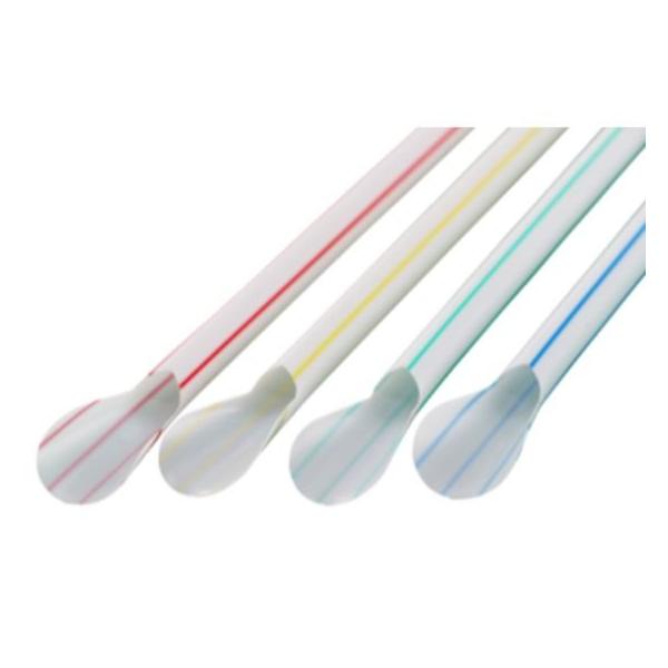スプーンストロー ストライプ白地◇かき氷用（スプーンタイプ）のストレートストロー（袋なし）です。 ◇ストローの先が丸くスプーン状になっています。◇かき氷やクリームソーダなどに！●サイズ：φ6mm×21cm●入数：500本
