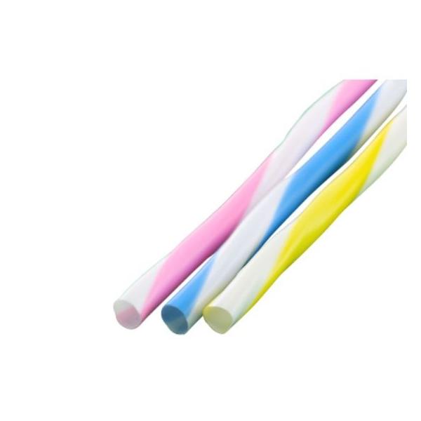 キュアストロー 3色スパイラルアソート◇ジュース用（スパイラルタイプ）のストレートストロー（袋なし）です。 ◇3色アソート（ピンク・イエロー・ブルー）●サイズ：φ6mm×21cm●入数：500本
