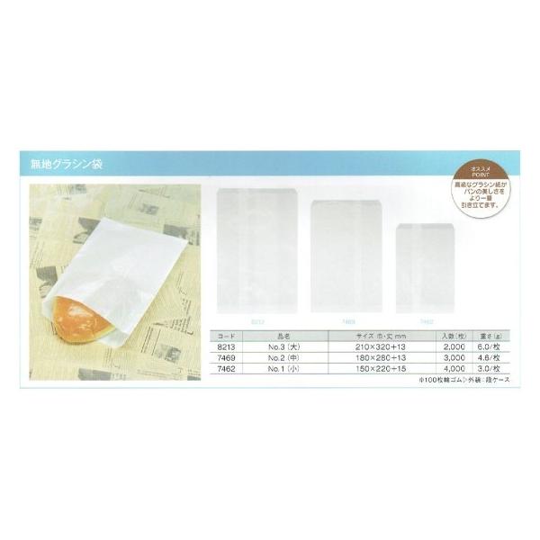 無地グラシン袋 No.1（小）◇高級なグラシン紙がパンの美しさをより一層ひきたてます。●素材：グラシン紙●サイズ（mm）：210×320＋13●重さ（ｇ）：3.0/枚●入数：4000枚　※100枚輪ゴム　外装：段ケース