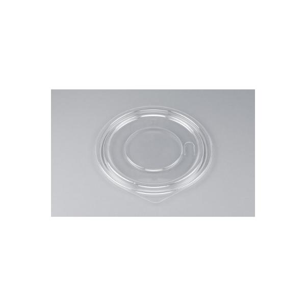 BF-385 平嵌合蓋（U字穴） ◇煮込みや惣菜の容器です。◇スープメニューに最適な鍋型の容器です。◇汁物がこぼれにくい内嵌合タイプの容器です。●蓋：レンジ不可●素材：OPS●耐熱温度：８５℃　　　　　●サイズ：φ１４７×０mm ●入数：50枚