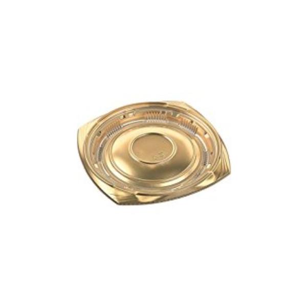 コリーナ 25-25 本体（金） ◇アーチ形状の本体でボリューム感のある盛付けが可能。●本体：レンジ不可●素材：HIPS●耐熱温度：90℃●サイズ：250×250×26mm●入数：50枚