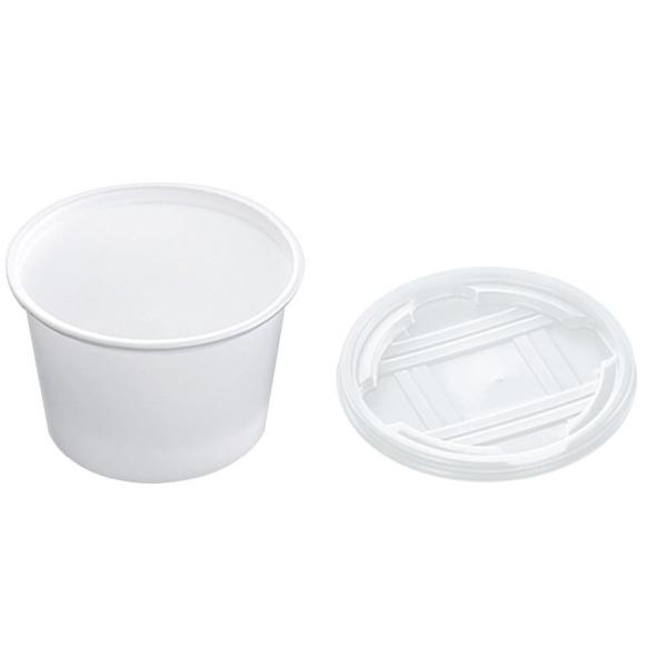 使い捨てカップ　CFカップ 95-270　本体・蓋（針穴付）セットカラー：本体＝白、嵌合蓋＝半透明※蓋には蒸気を逃がすための0.5mm程度の針穴が開いていますサイズ：本体93ф×66mm　蓋96ф×9mm容量：約270ml材質：本体＝CF(...