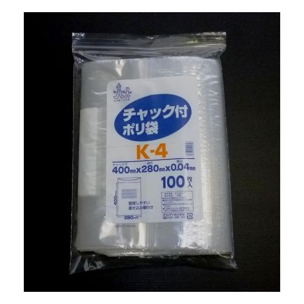 チャック付ポリ袋（書き込み欄付）カラー：透明サイズ：K-4厚み：0.04mm寸法(チャック下)：280×400mm材質：ポリエチレン入数：100枚こちらの商品は他の商品（同梱不可商品除く）と同梱可能です。